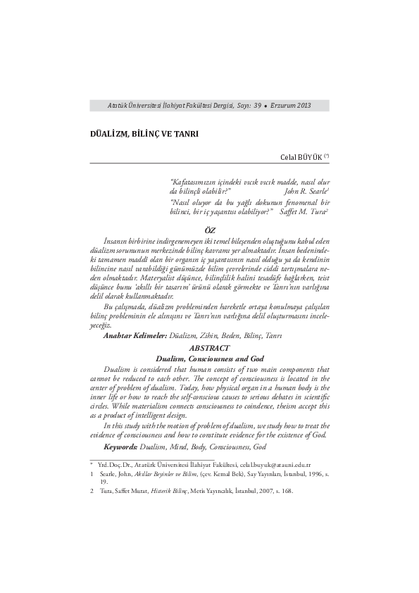 (PDF) Dualizm, Bilinç ve Tanrı (Dualism, Consciousness and God)