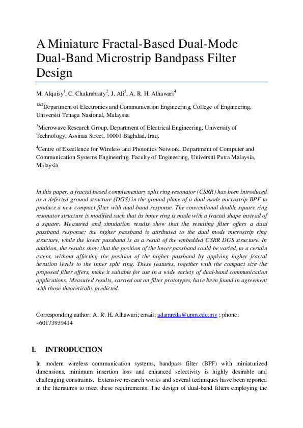 A Miniature Fractal Based Dual Mode Dual Band Microstrip Bandpass Filter Design Jawad K Ali
