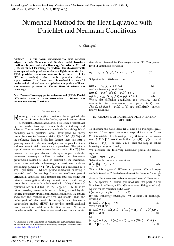 Pdf Numerical Method For The Heat Equation With Dirichlet And Neumann Conditions