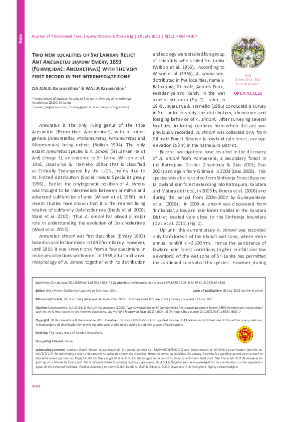 (PDF) Two new localities of Sri Lankan Relict Ant Aneuretus simoni ...
