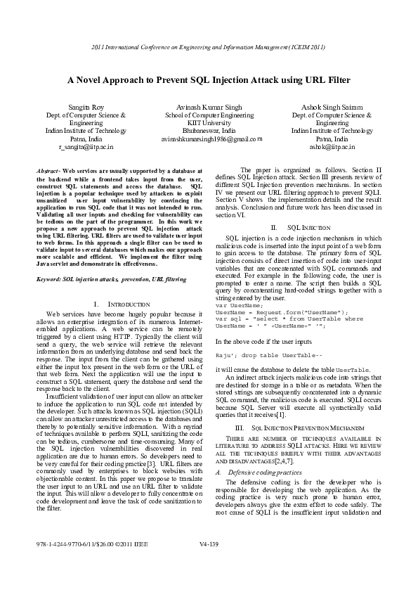 Pdf A Novel Approach To Prevent Sql Injection Attack Using Url Filter