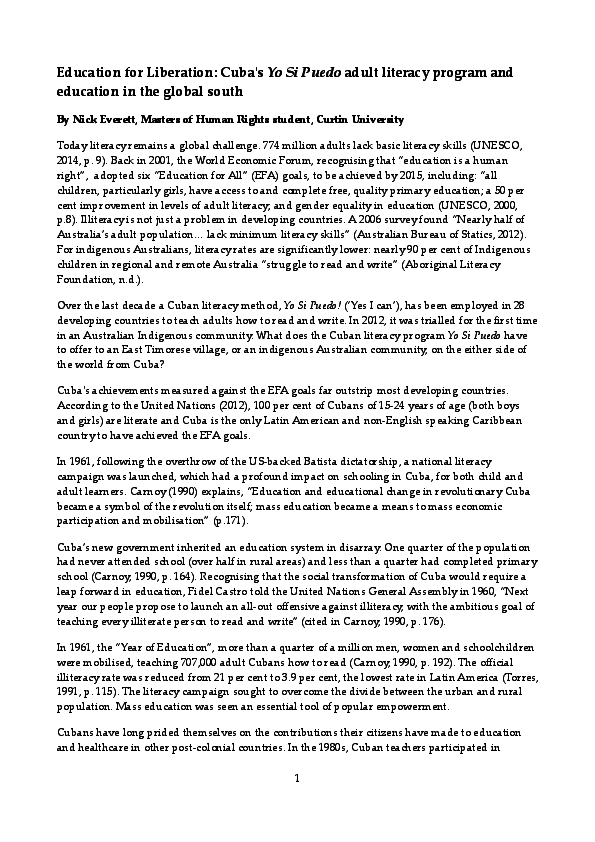 (PDF) Education for Liberation: Cuba's Yo Si Puedo adult literacy ...