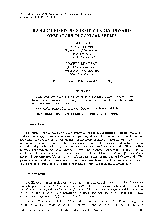 Pdf Random Fixed Points Of Weakly Inward Operators In Conical Shells
