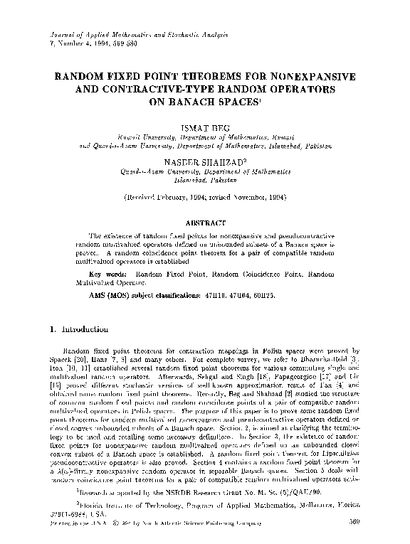 Pdf Random Fixed Point Theorems For Nonexpansive And Contractive Type Random Operators On