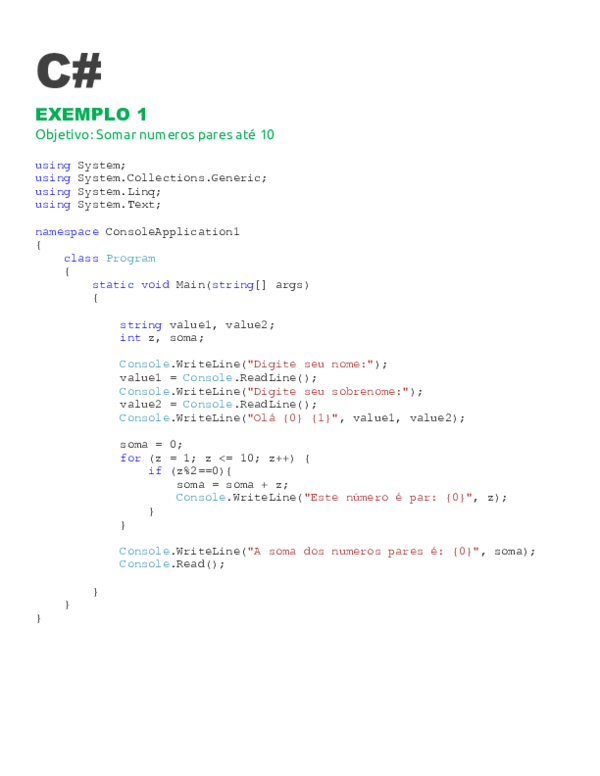 (PDF) Exemplo de For em C#
