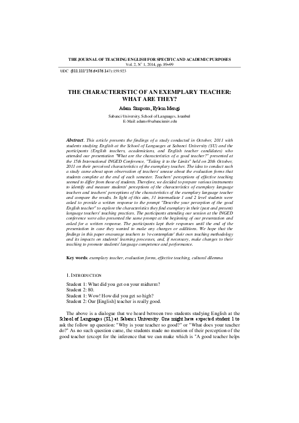 (PDF) The Characteristics of an Exemplary Teacher: What are they?