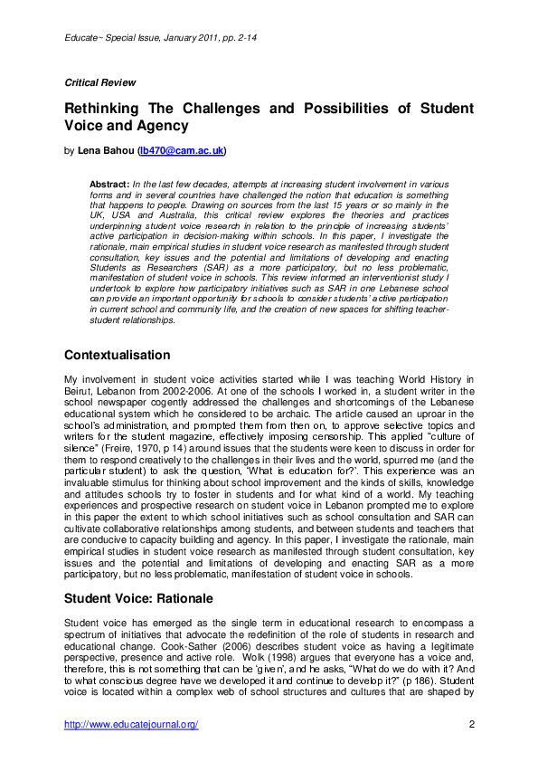 (PDF) Rethinking The Challenges and Possibilities of Student Voice and ...