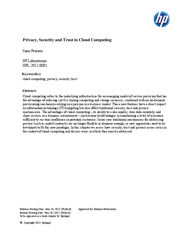 (PDF) Privacy, Security and Trust in Cloud Computing HP