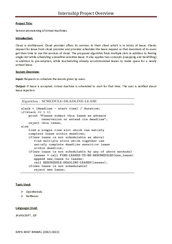 (PDF) Internship Project Overview