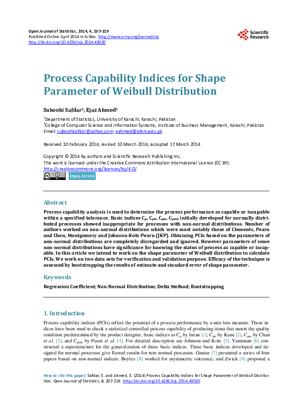 Pdf Process Capability Indices For Shape Parameter Of Weibull Distribution
