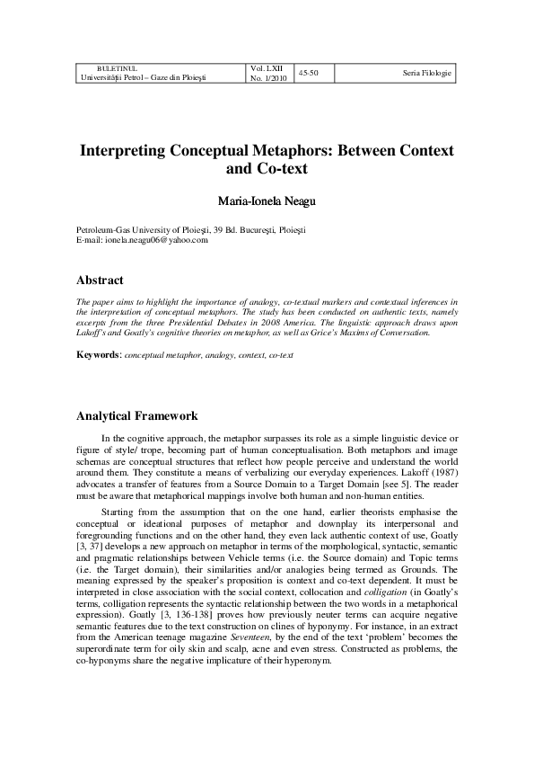 (PDF) Interpreting conceptual metaphors: between context and co-text