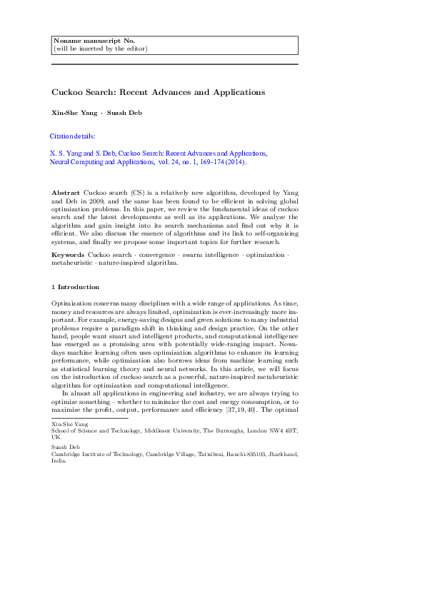 (PDF) Cuckoo Search: Recent Advances and Applications