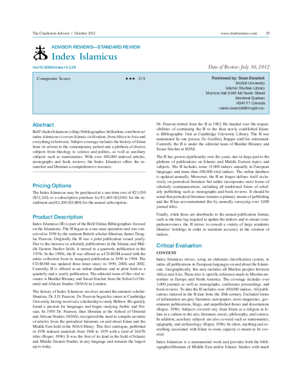 (PDF) Swanick, Sean. Rev. of Index Islamicus, Eds. C.H. Bleaney, S ...