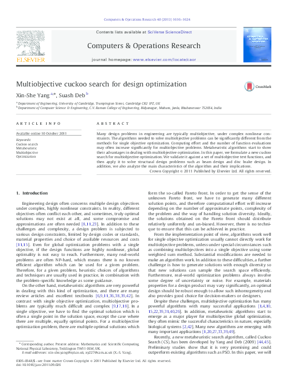 Pdf Multiobjective Cuckoo Search For Design Optimization