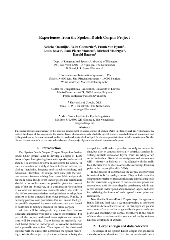 (PDF) Experiences from the Spoken Dutch Corpus Project