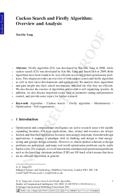 (PDF) Cuckoo Search and Firefly Algorithm: Theory and Applications