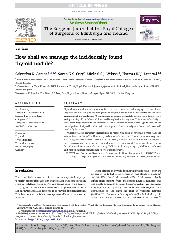 (PDF) How shall we manage the incidentally found thyroid nodule