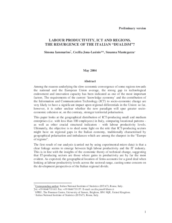 (PDF) Labour productivity, ict and regions. the resurgence of the italian "dualism