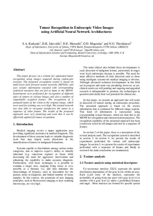 Pdf Tumor Recognition In Endoscopic Video Images Using Artificial Neuralnetwork Architectures