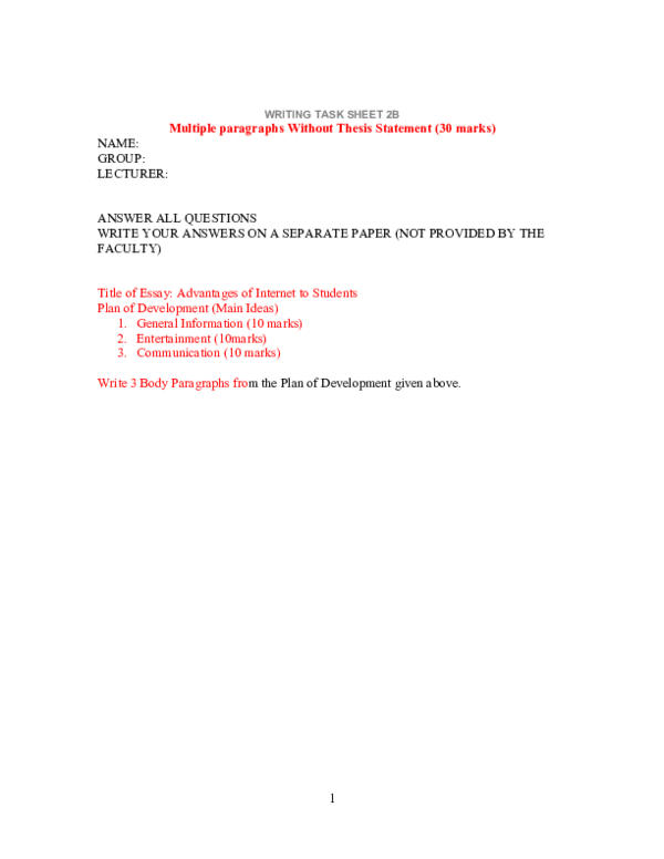 (DOC) WRITING TASK SHEET 2B-MULTIPLE PARAGRAPHS WITHOUT THESIS STATEMENT