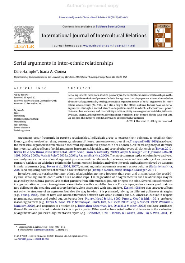 (PDF) Serial arguments in inter-ethnic relationships (Hample & Cionea ...