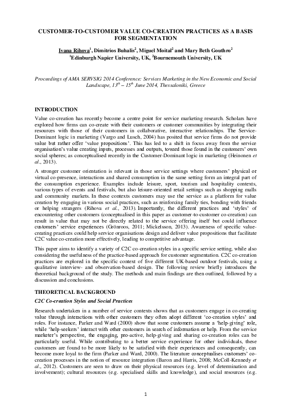 (PDF) Customer-to-customer value co-creation practices as a basis for segmentation