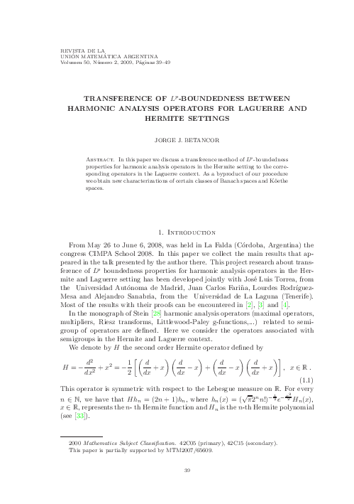 (PDF) TRANSFERENCE OF Lp-BOUNDEDNESS BETWEEN HARMONIC ANALYSIS OPERATORS FOR LAGUERRE AND ...