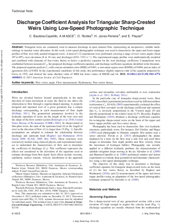 (PDF) Discharge Coefficient Analysis for Triangular Sharp-Crested Weirs Using Low-Speed ...