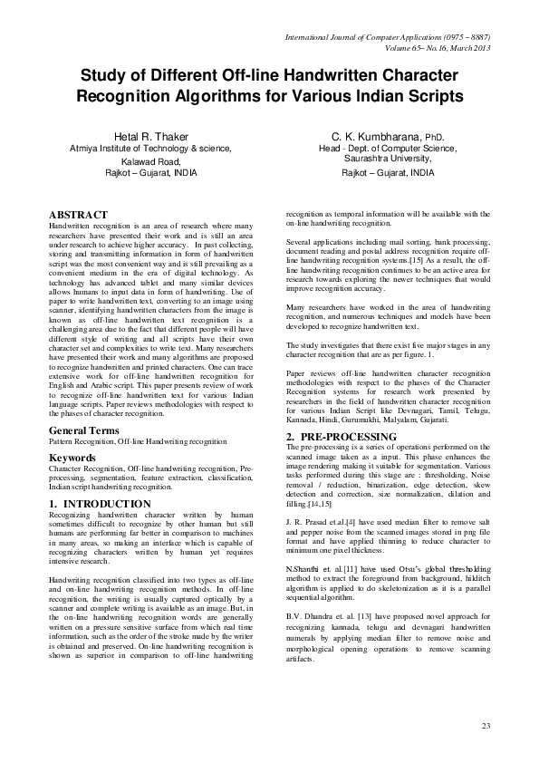 (PDF) Study of Different Off-line Handwritten Character Recognition Algorithms for Various ...