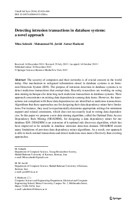 Pdf Detecting Intrusion Transactions In Database Systems A Novel Approach