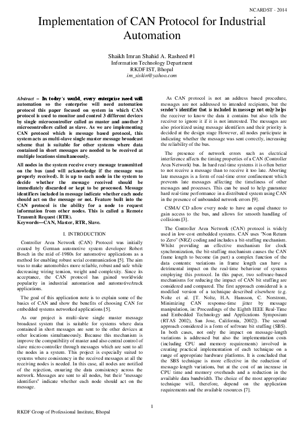(DOC) Implementation of CAN Protocol for Industrial Automation