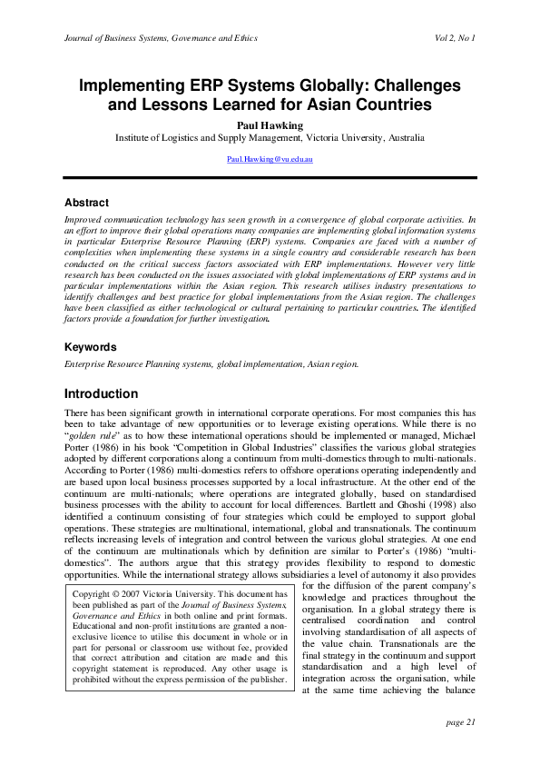 (PDF) Implementing ERP Systems Globally: Challenges and Lessons Learned for Asian Countries