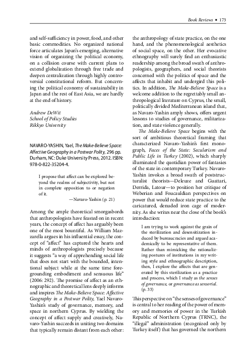 (PDF) Review of Yael Navaro-Yashin, The Make-Believe Space: Affective ...