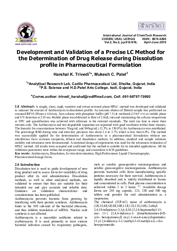 Pdf Development And Validation Of A Precise Lc Method For The Determination Of Drug Release