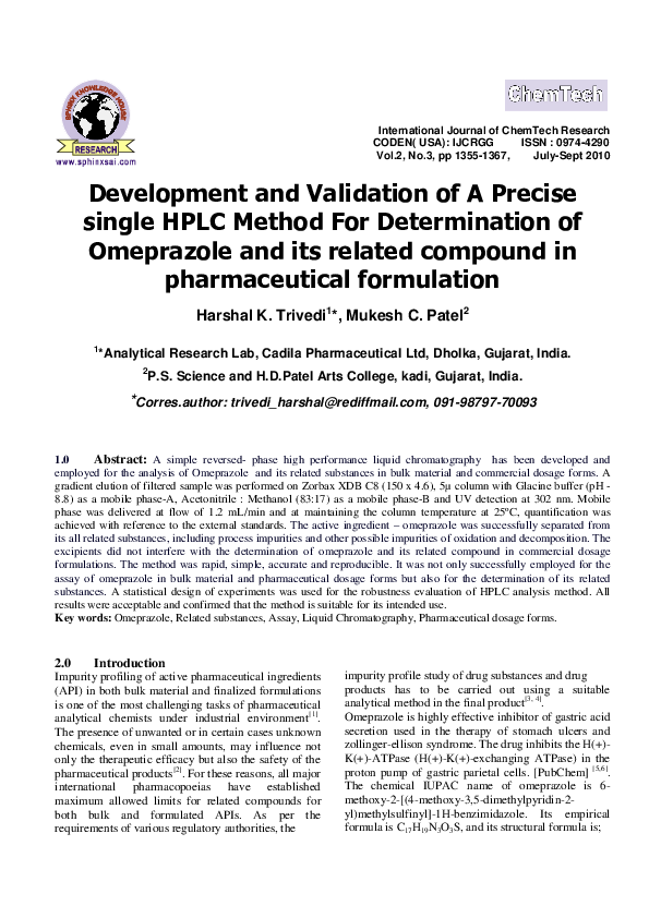 (PDF) Development and Validation of A Precise single HPLC Method For Determination of Omeprazole ...