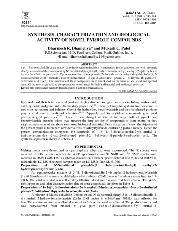 (PDF) Synthesis, characterization and biological activity of novel pyrrole compounds