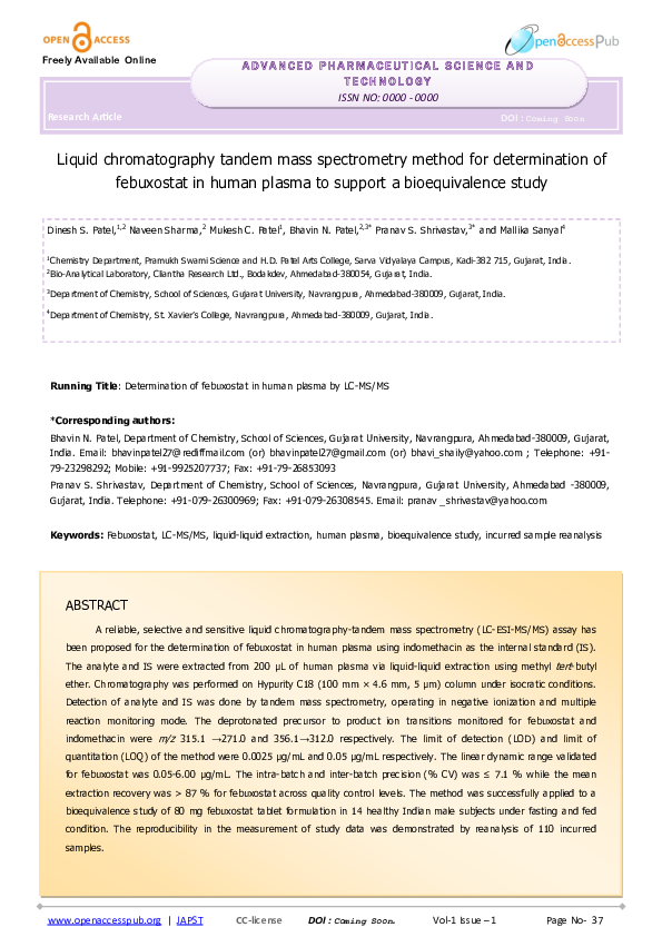 (PDF) Liquid Chromatography Tandem Mass Spectrometry Method For Determination Of Febuxostat In ...
