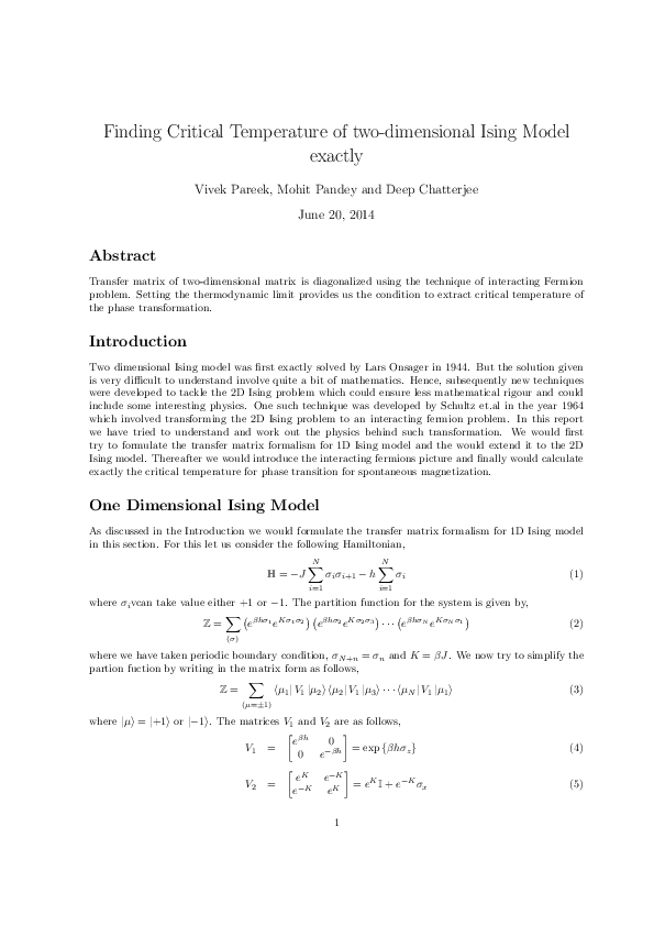 (PDF) Finding Critical Temperature of two-dimensional Ising Model exactly