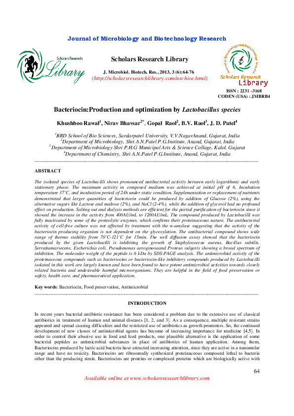 Pdf Bacteriocin Production And Optimization By Lactobacillus Species