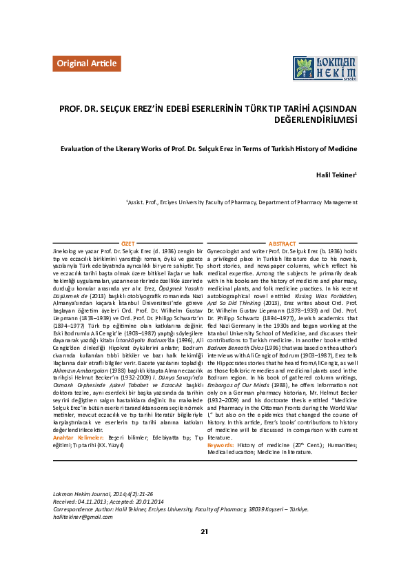 (PDF) Mat, Afife., Tekiner, Halil. “Türkiye’deki eczacılık tarihi ...