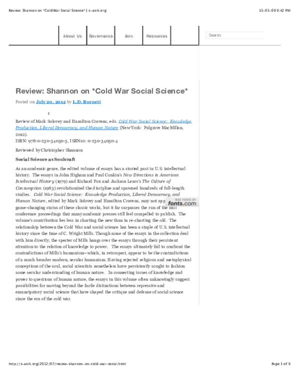 (PDF) Christopher Shannon review of Cold War Social Science in S-USIH, 2012