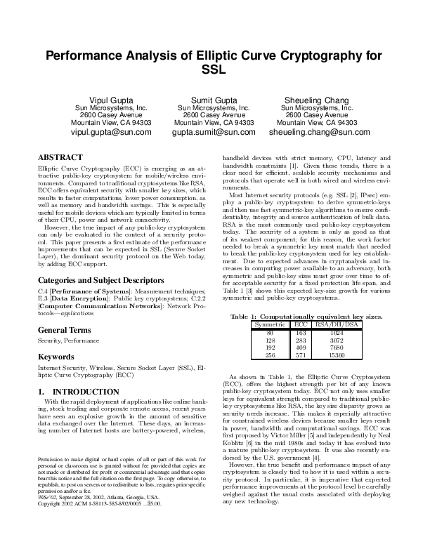 Pdf Performance Analysis Of Elliptic Curve Cryptography For Ssl Sumit Gupta