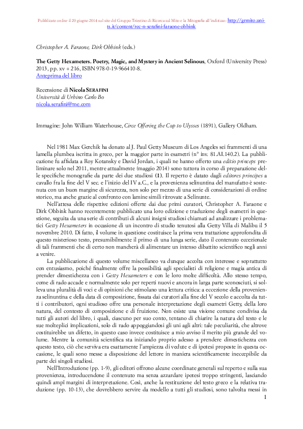 (PDF) Review of Christopher A. Faraone, Dirk Obbink (eds.), The Getty ...