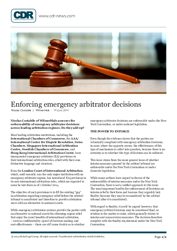 (PDF) Enforcing emergency arbitrator decisions