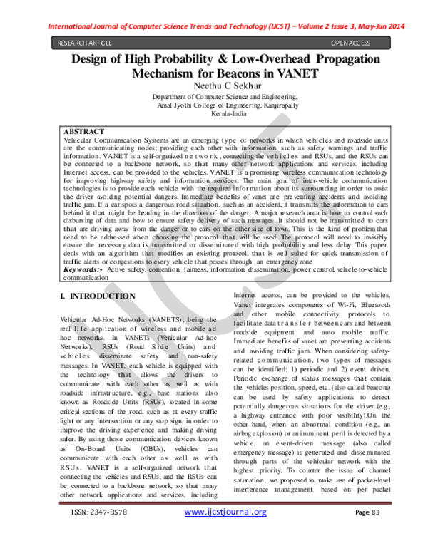 (PDF) Design of High Probability & Low-Overhead Propagation Mechanism for Beacons in VANET