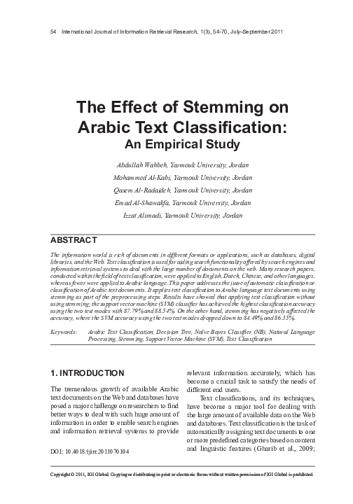 Pdf The Effect Of Stemming On Arabic Text Classification An