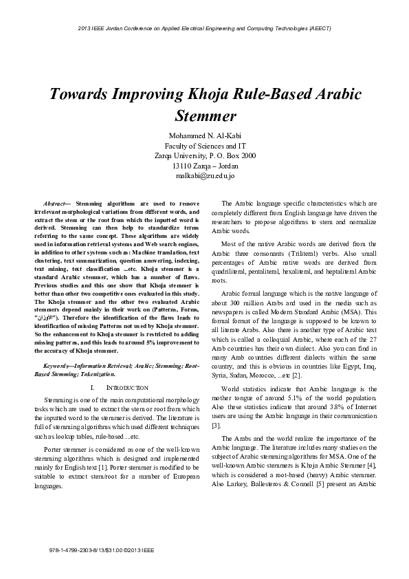 (PDF) Towards Improving Khoja Rule-Based Arabic Stemmer