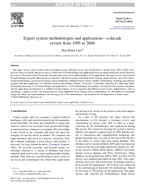 (PDF) Expert system methodologies and applications - a decade review ...