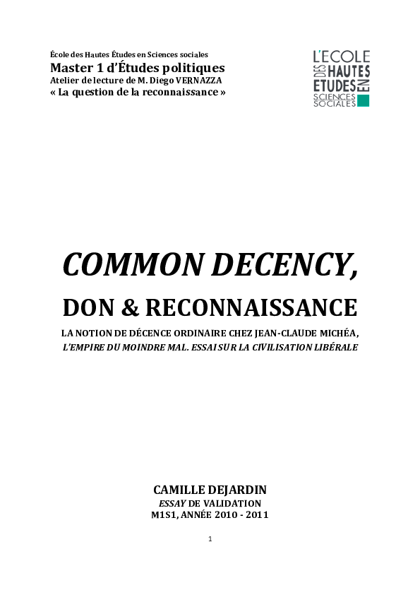 Dejardin Camille - Common decency, don et reconnaissance chez Jean-Claude Michéa (2010)