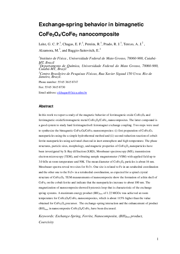 (PDF) Exchange-spring behavior in bimagnetic CoFe 2 O 4 /CoFe 2 ...